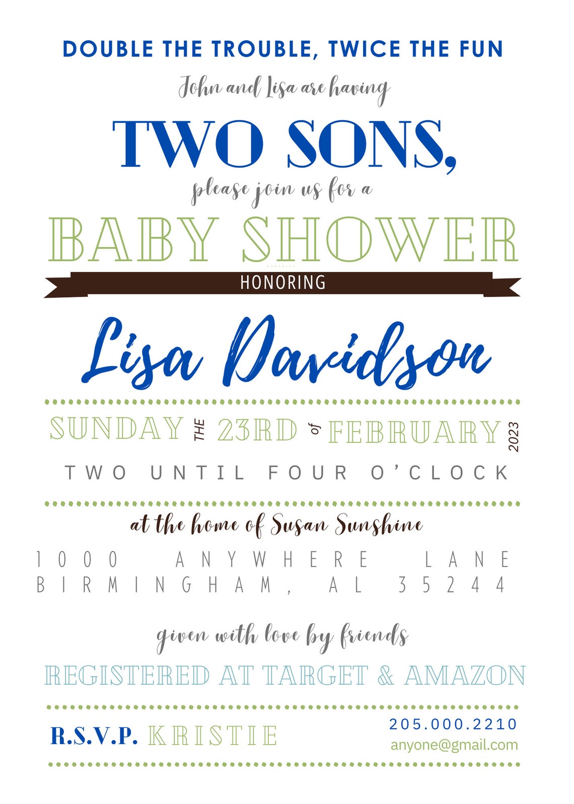 Double the Trouble, Twice the Fun- Twin Boy Baby Shower Invitation ...