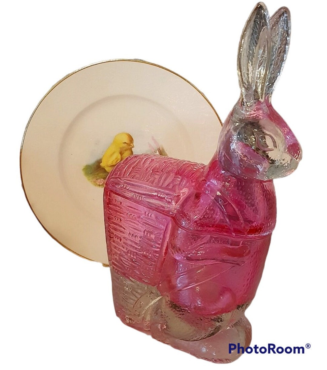 Large 2pc STANDING Pink Glass EASTER BUNNY Rabbit Candy or Trinket Dish ...