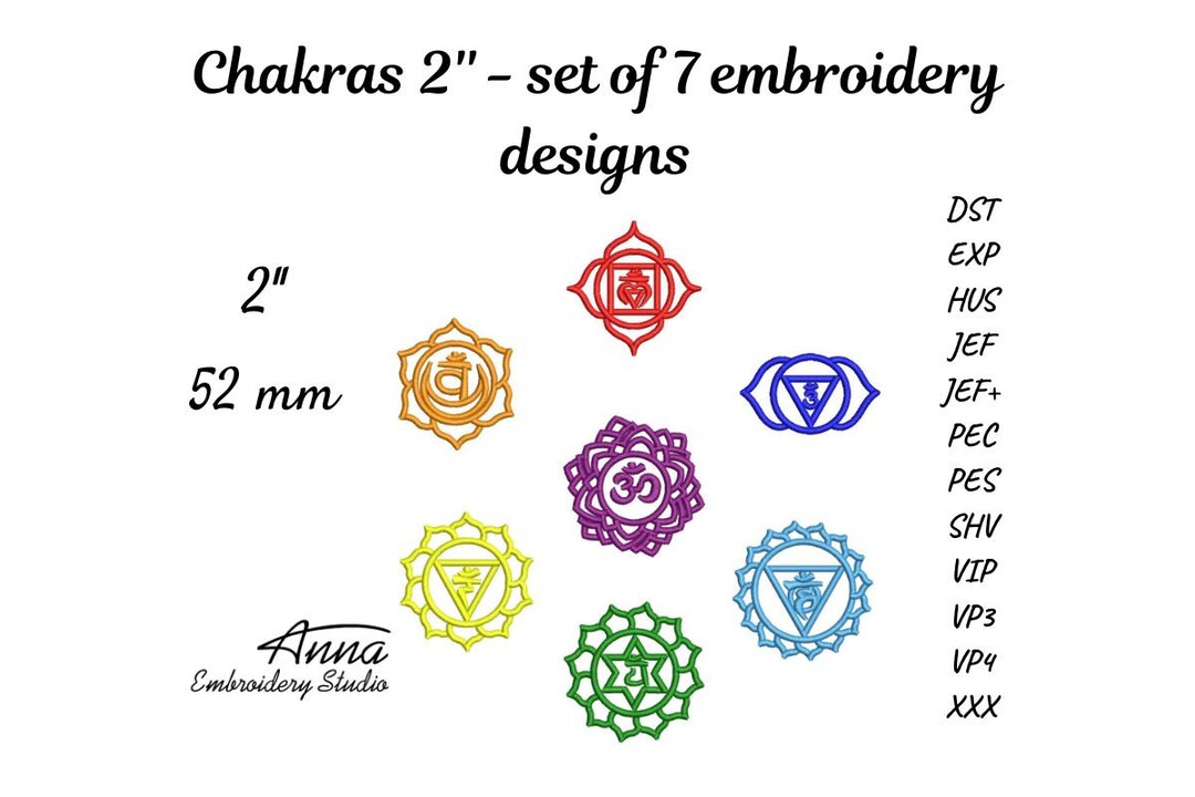Chakras. Set of 7 Embroidery Designs. the Size is 2''or 50mm. All ...