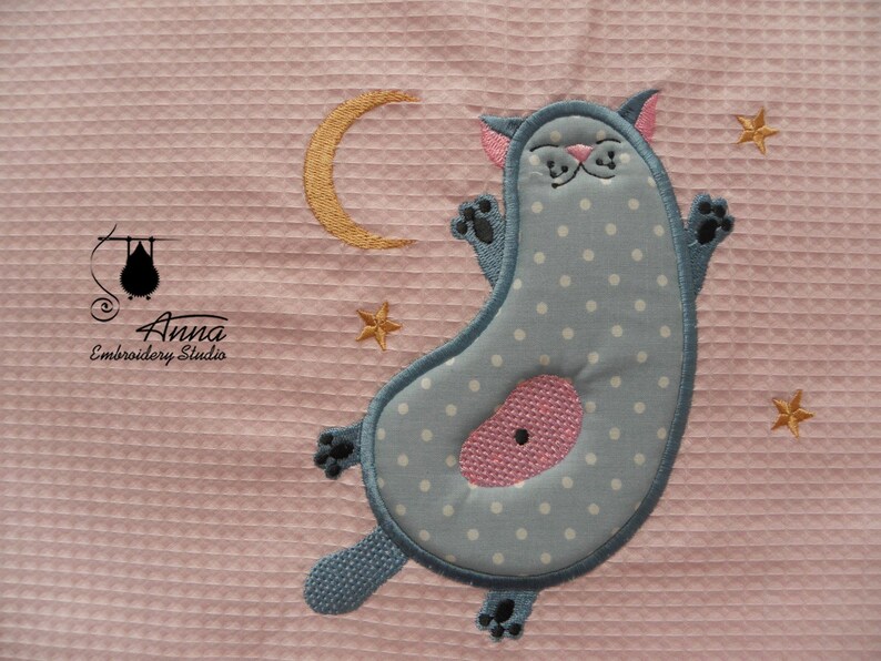 Sleeping Cat Applique Embroidery Design - Dreaming Kitty With Moon ...