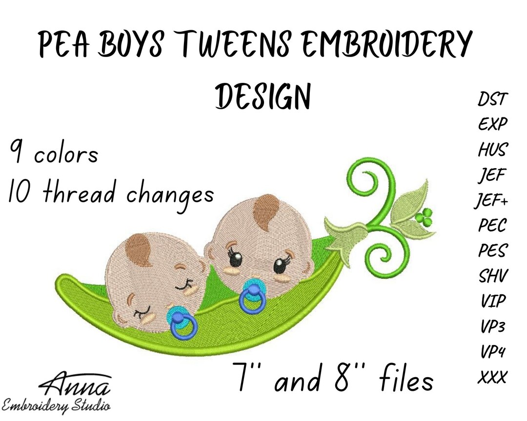 Pea Boys Tweens Embroidery Design 7'' and 8'' Files. Instant Download ...