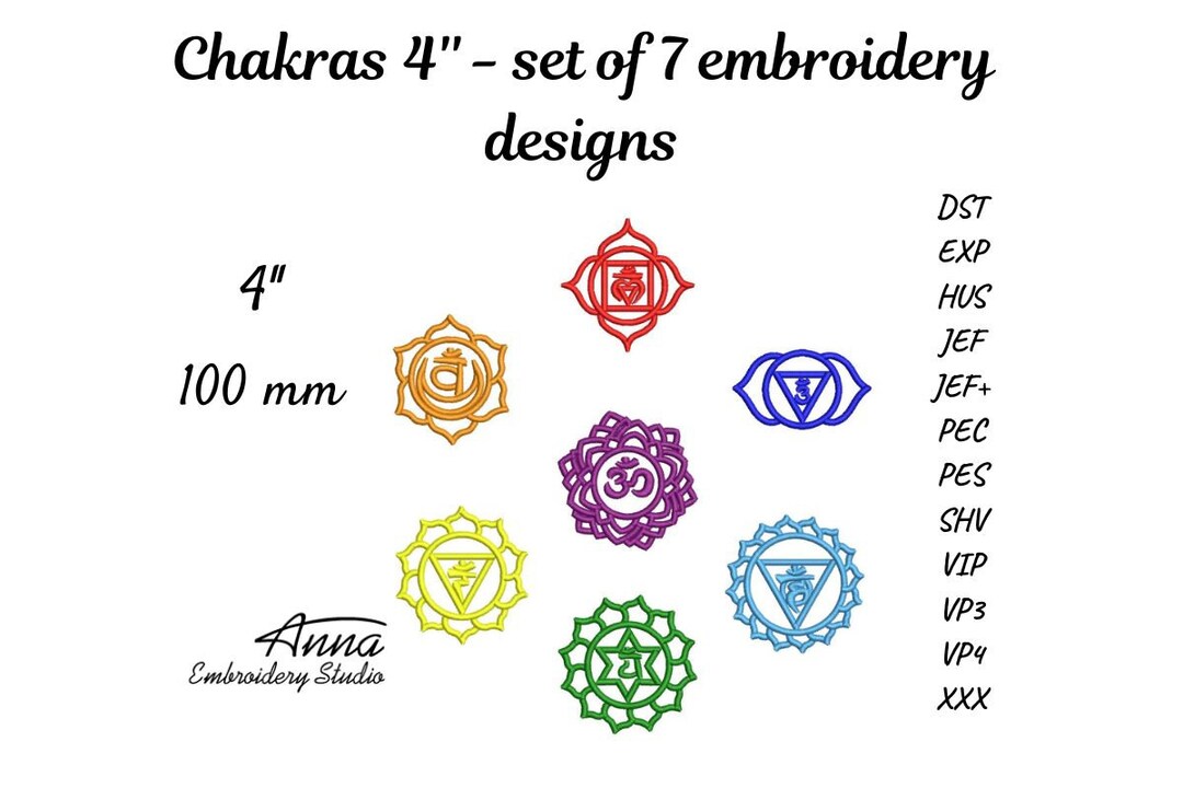 Chakras. Set of 7 Embroidery Designs. the Size is 4''or 100mm. All ...