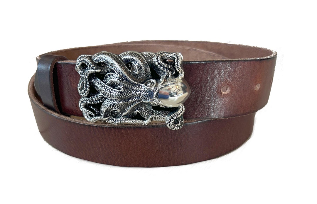 Silver Octopus Brown Genuine Leather Belt Nautical Belt Buckle ...