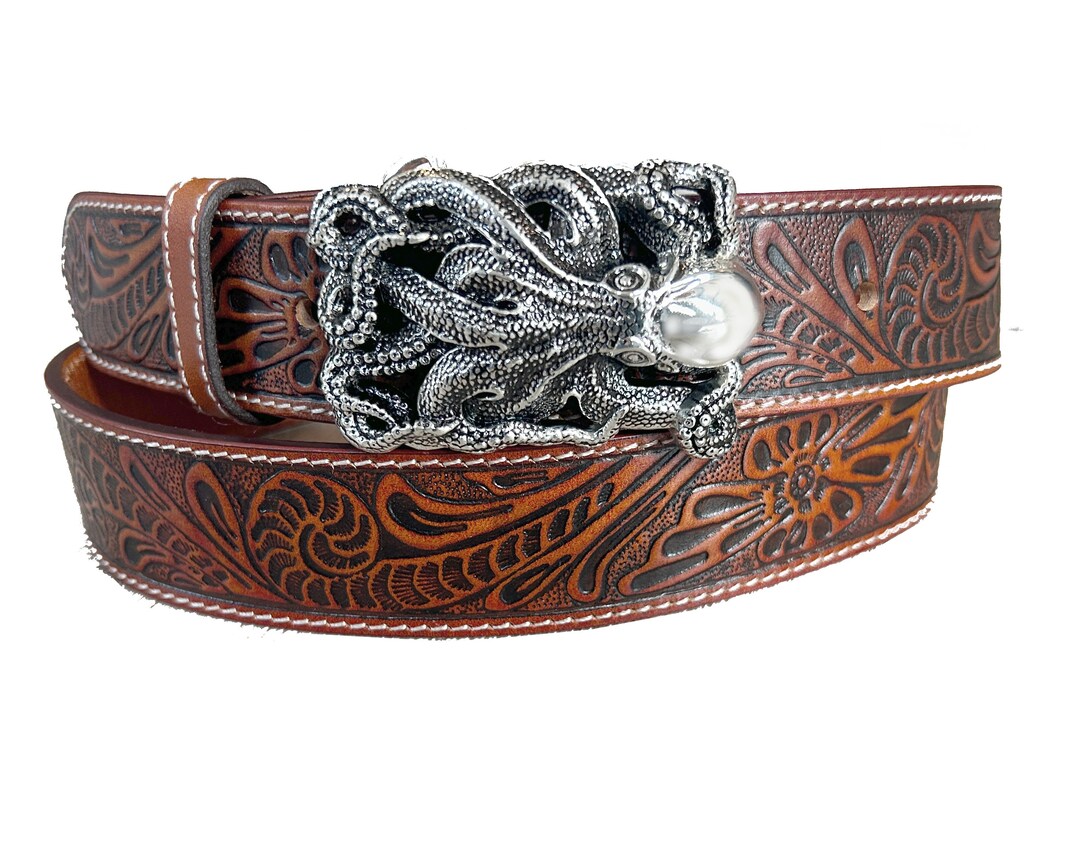 Silver Octopus Brown Tooled Leather Belt Nautical Belt Buckle Removable ...