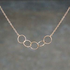 Entwined Circle Necklace / Five Tiny Gold Linked Infinity Rings on a ...