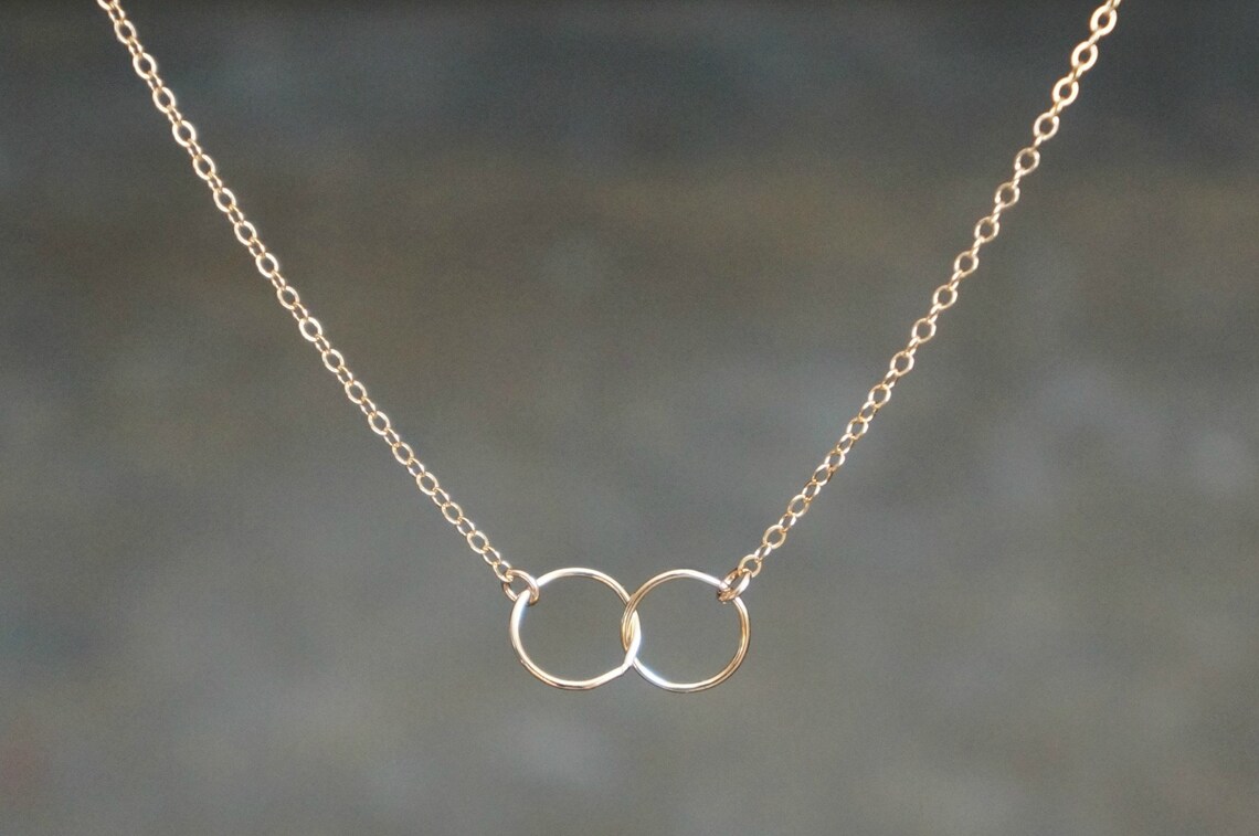 Entwined Circle Necklace / Two Tiny Gold Linked Infinity Rings on a 14k ...