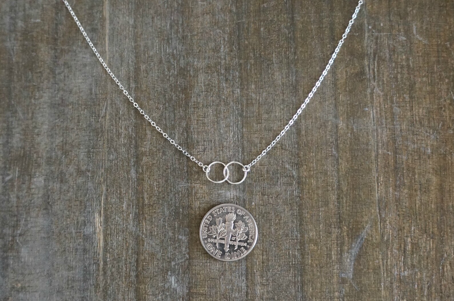 Entwined Circle Necklace / Two Tiny Silver Linked Infinity Rings on a ...