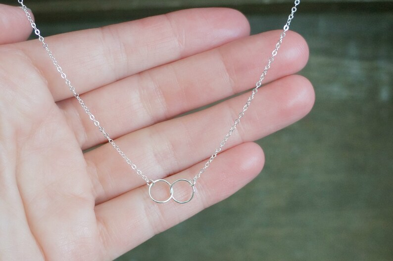 Entwined Circle Necklace / Two Tiny Silver Linked Infinity Rings on a ...