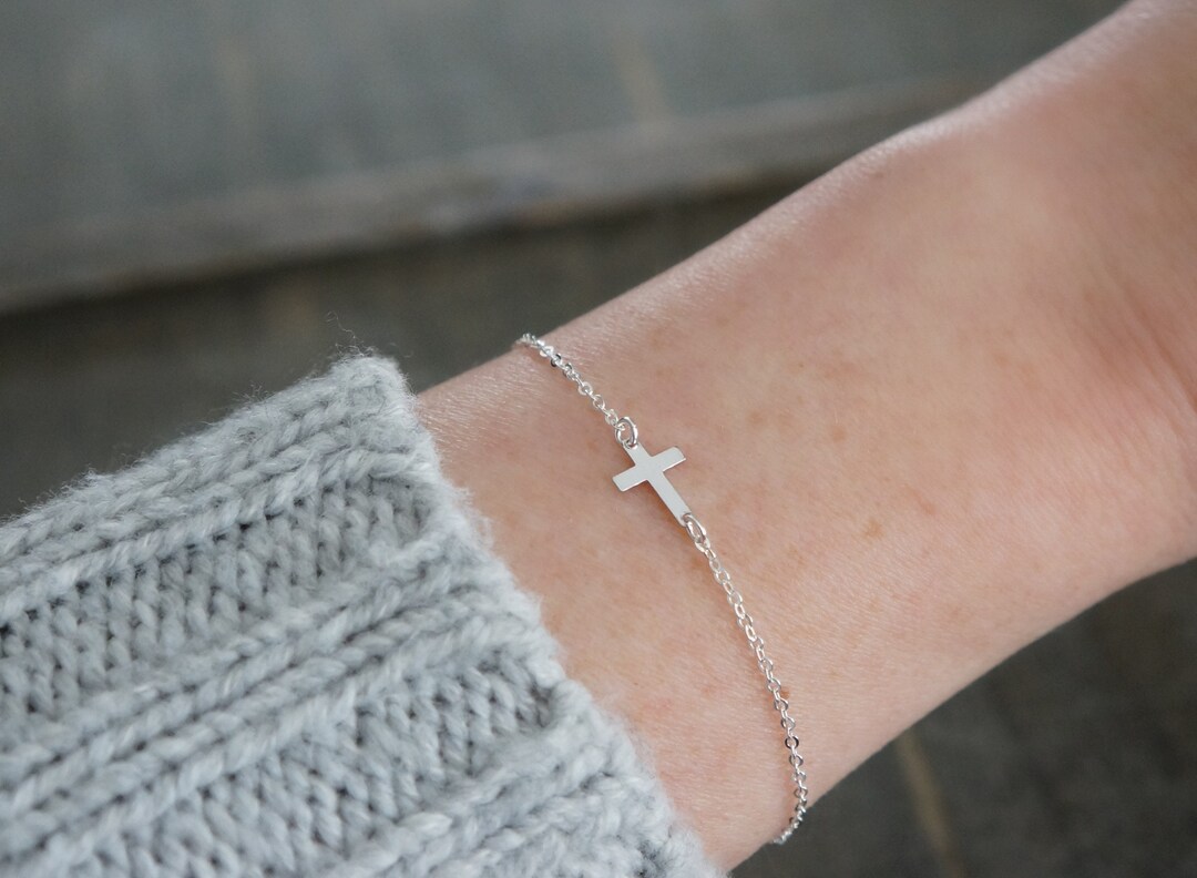 Sideways Cross Bracelet, Sterling Silver Cross Bracelet, Dainty Mini Cross Bracelet, Adjustable ...