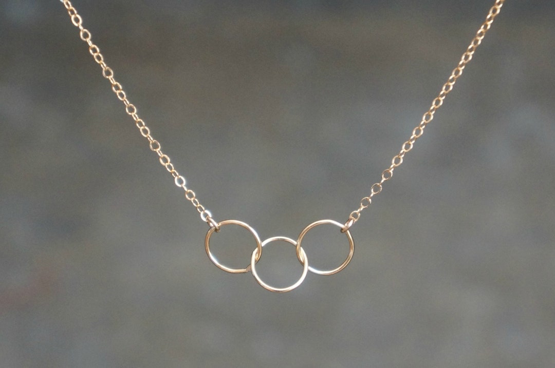 Entwined Circle Necklace / Three Tiny Gold Linked Infinity Rings on 14k ...