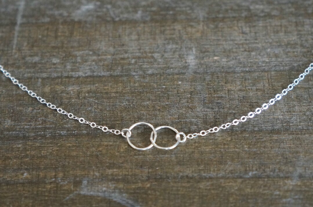 Entwined Circle Necklace / Two Tiny Silver Linked Infinity Rings on a ...