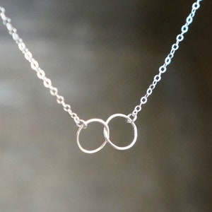 Entwined Circle Necklace / Two Tiny Silver Linked Infinity Rings on a ...