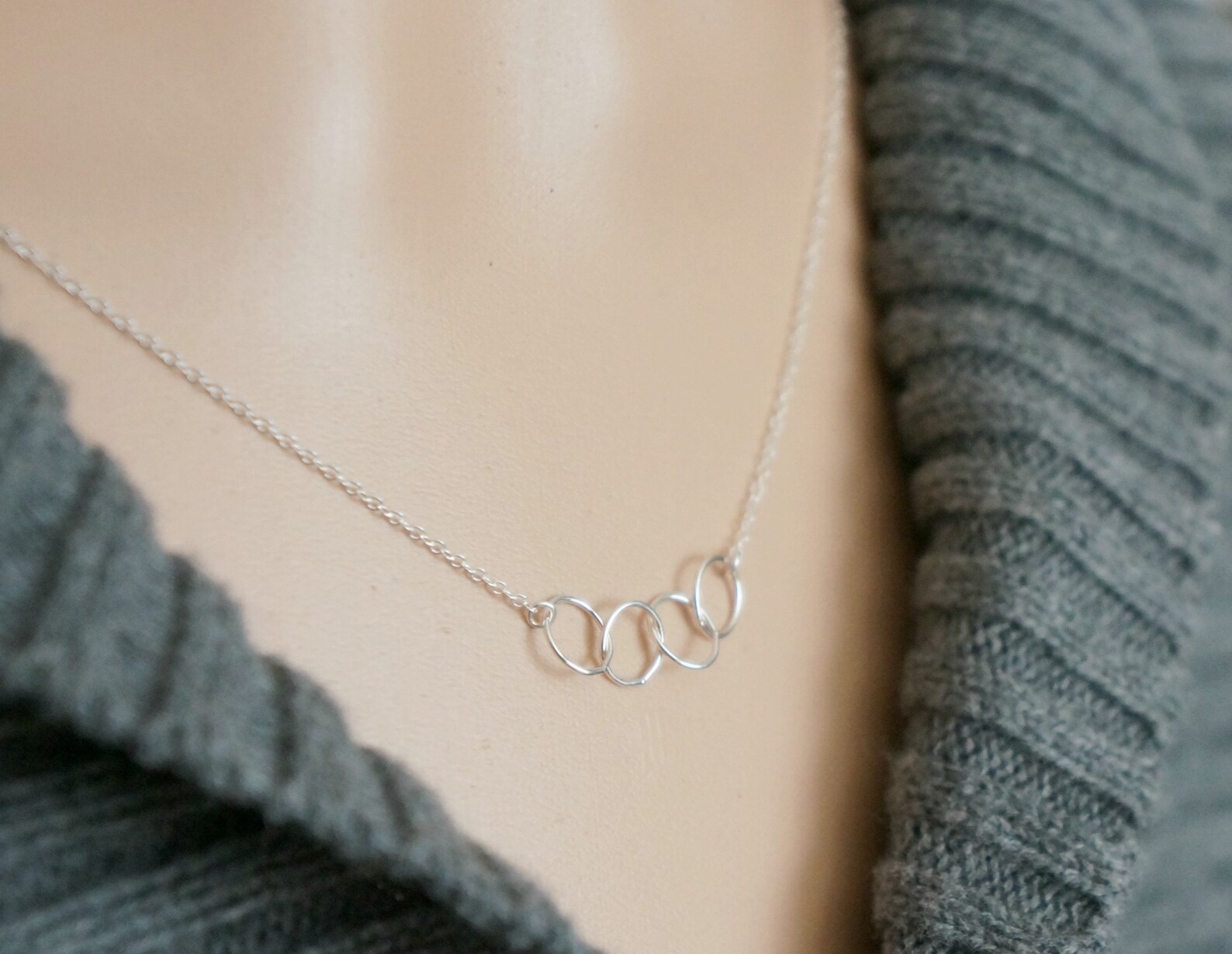 Entwined Circle Necklace / Four Tiny Silver Linked Infinity Rings on a ...