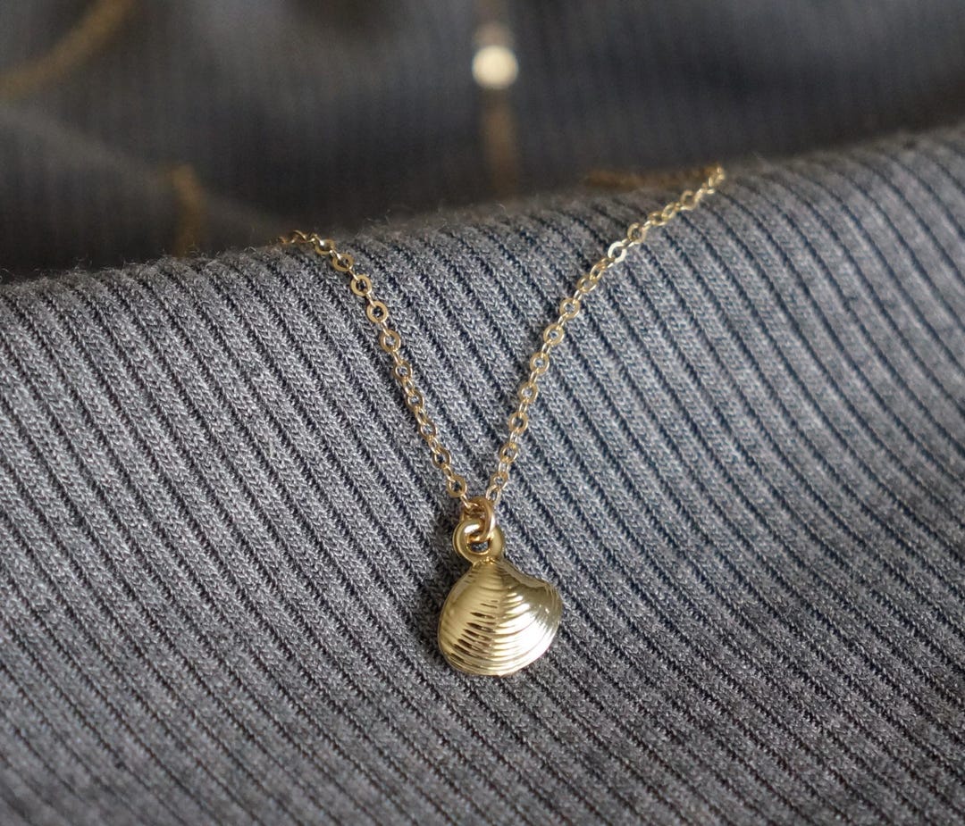 Tiny Clam Necklace // Mini Reversible Clam Pendant on a 14k Gold Filled ...