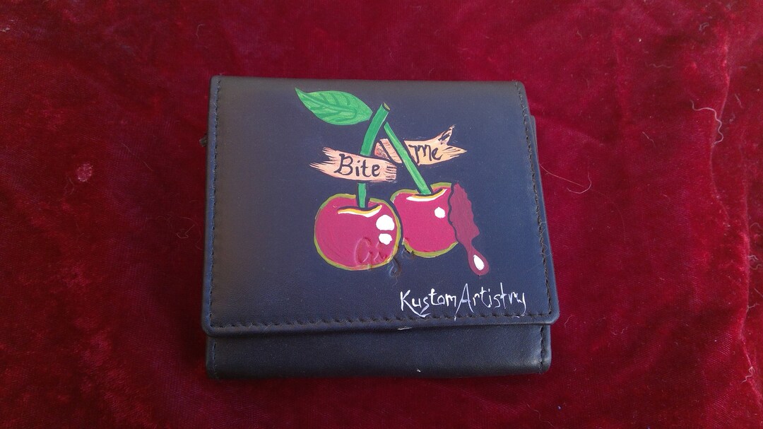 Cherries Design With Bite Me Ribbon Handpainted on New Leather Wallet ...
