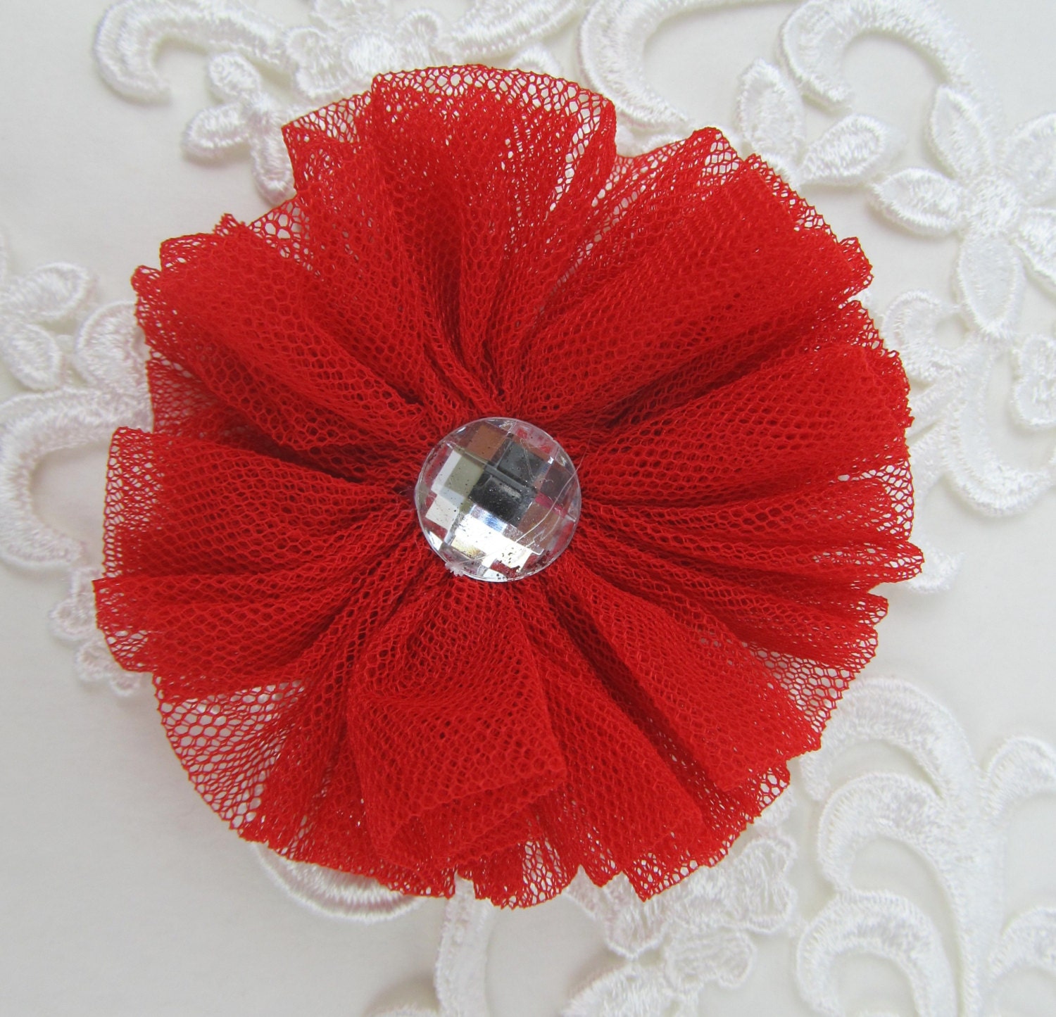 2 Tulle Mesh Ruffled Flowers RED Acrylic Rhinestone Center | Etsy