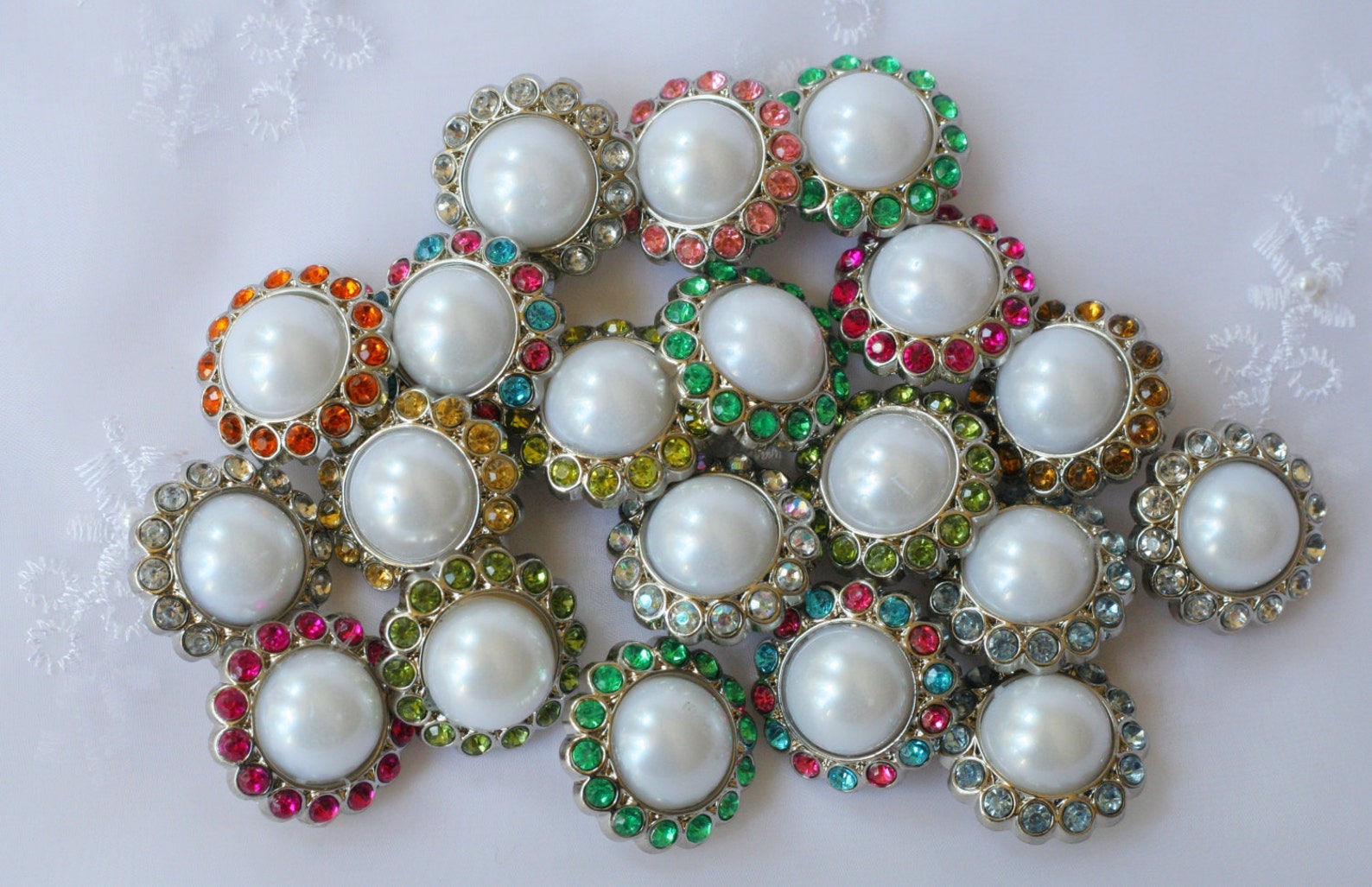 10 White Pearl and Rhinestone Buttons W/ Shank Mixed Colors | Etsy