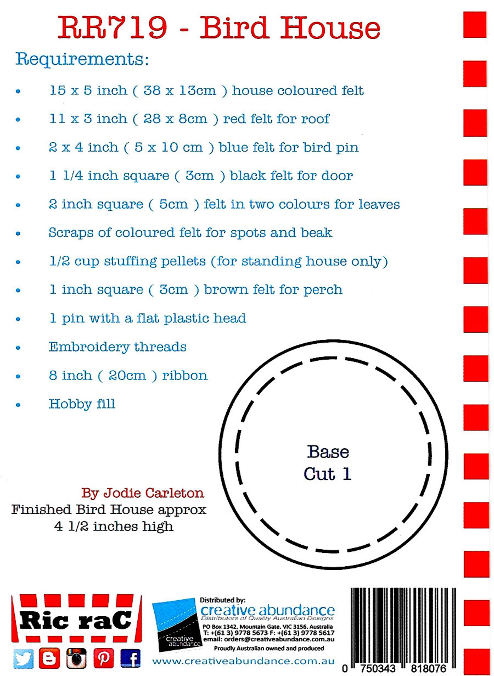 Pattern "bird House" by Ric Rac Patterns RR719 Sewing Card Instructions ...