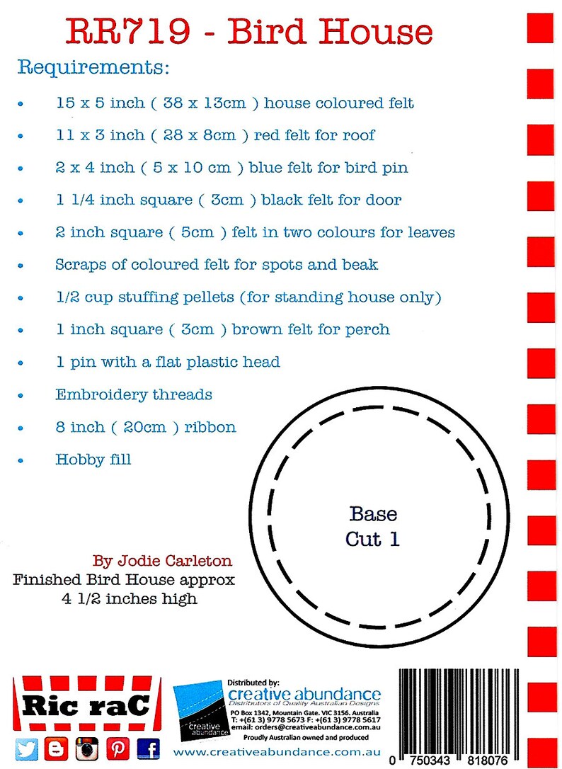 Pattern "bird House" by Ric Rac Patterns RR719 Sewing Card Instructions ...