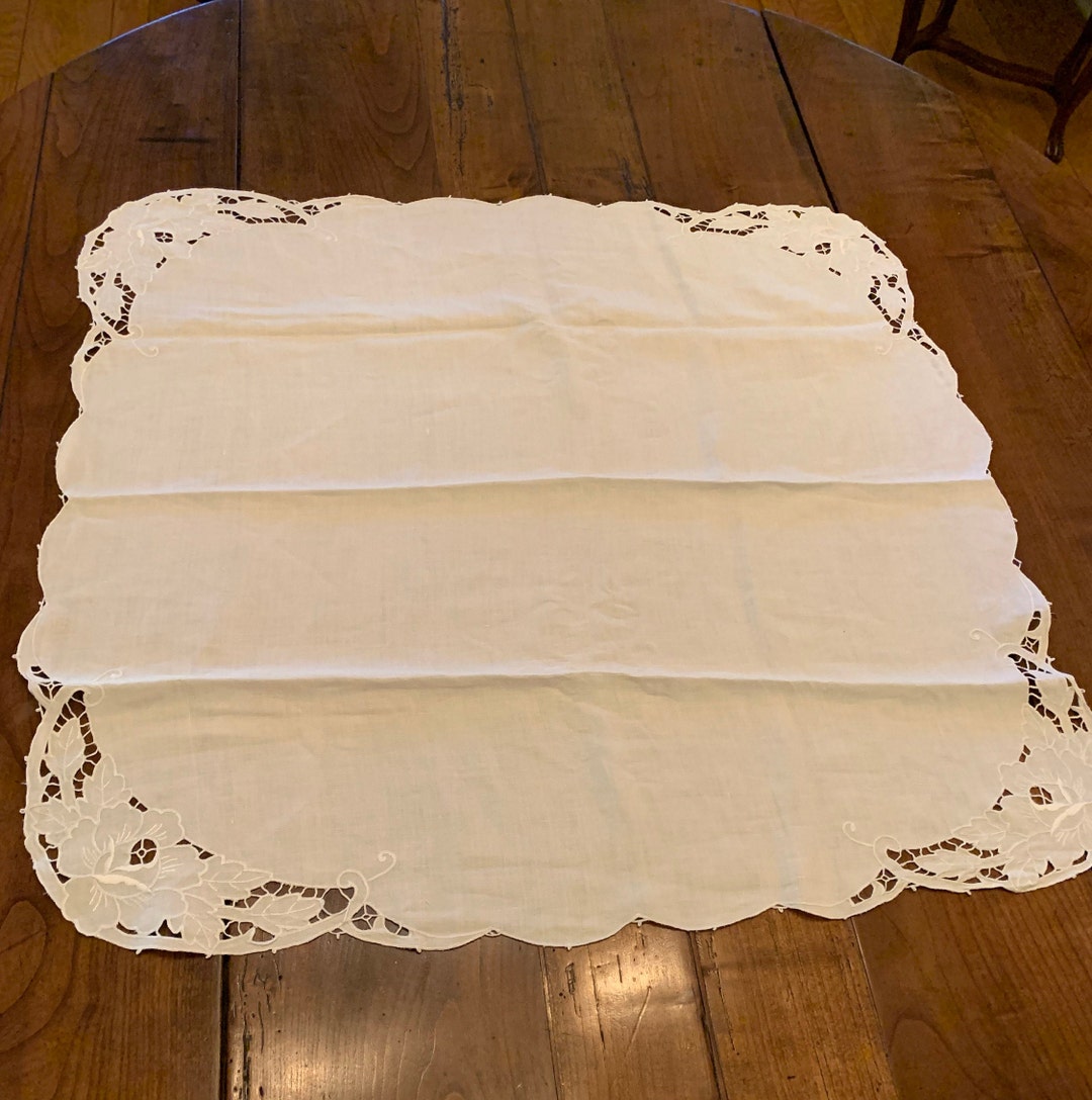 Vintage Linen Cutwork Table Cloth, White on White, Needle Lace and ...
