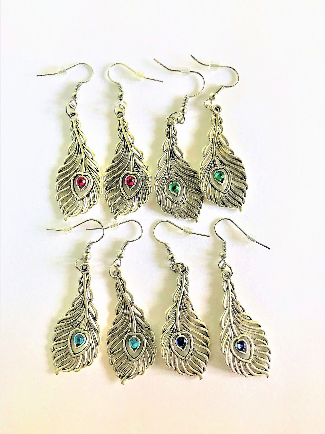 Silver Peacock Feather Charm Earrings | Etsy