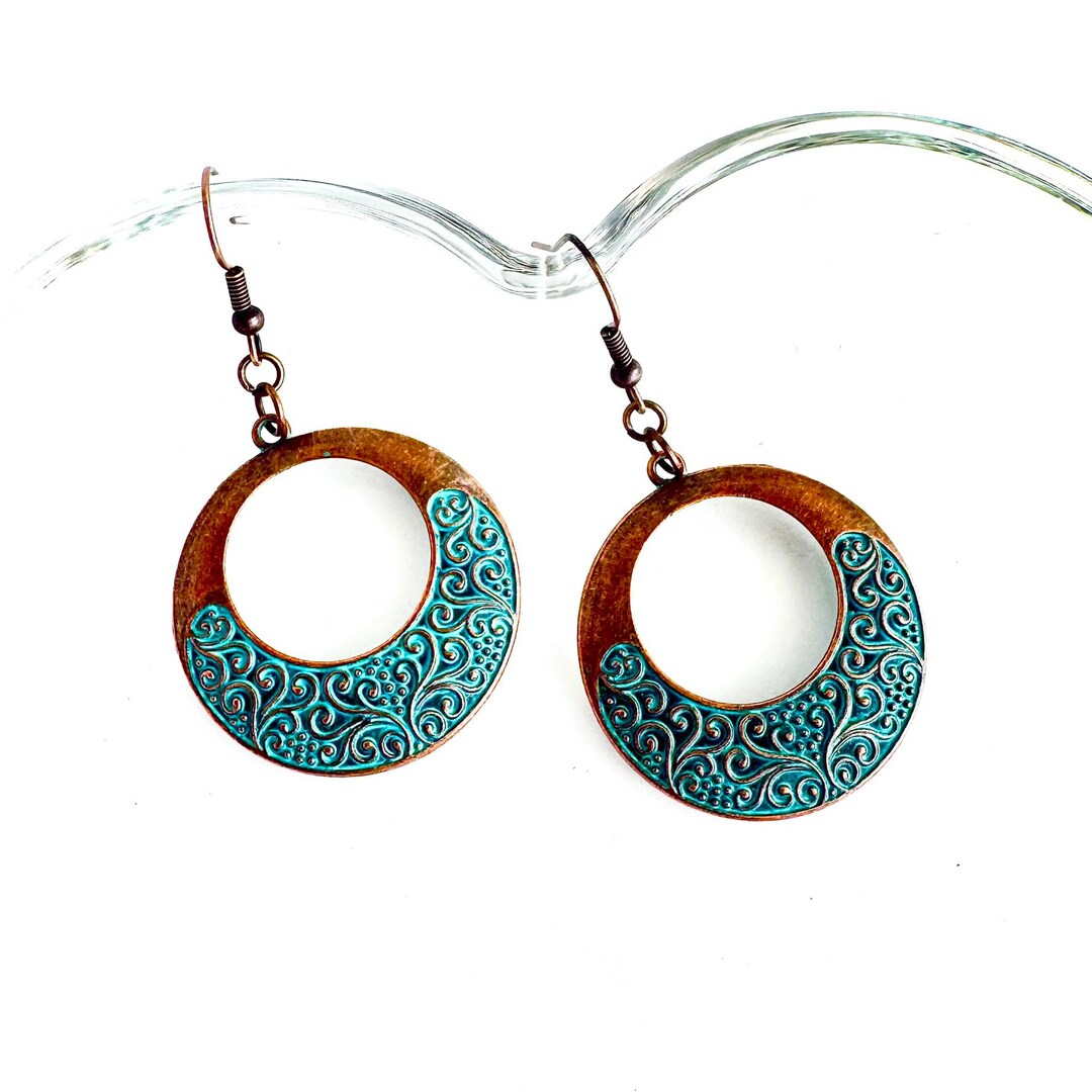 Antique Copper Faux Patina Open Circle Charms With Pattern Earrings - Etsy