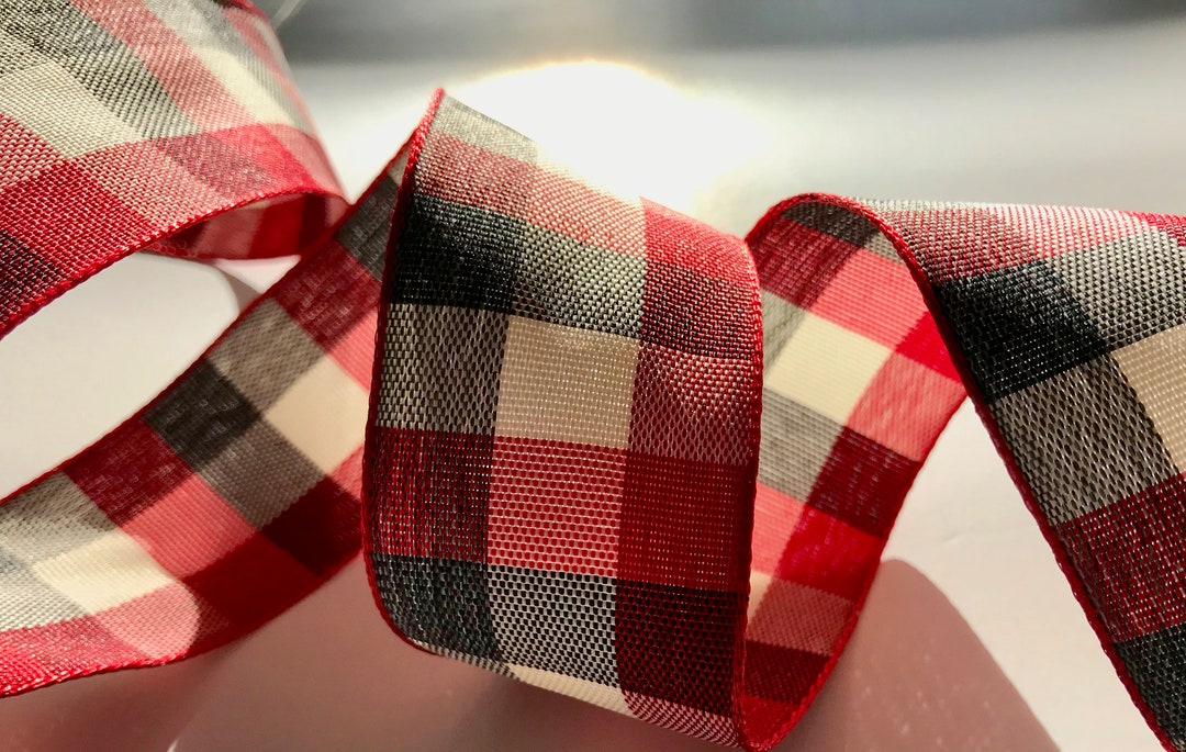 5 Yards 1 1/2 Inch Wide High Quality Dark Gray,red & Cream Plaid Wired ...