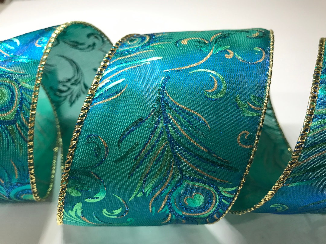 5 Yards 2 1/2 Inch Wide Glittered Teal PEACOCK Sheer Wired Edge Ribbon ...