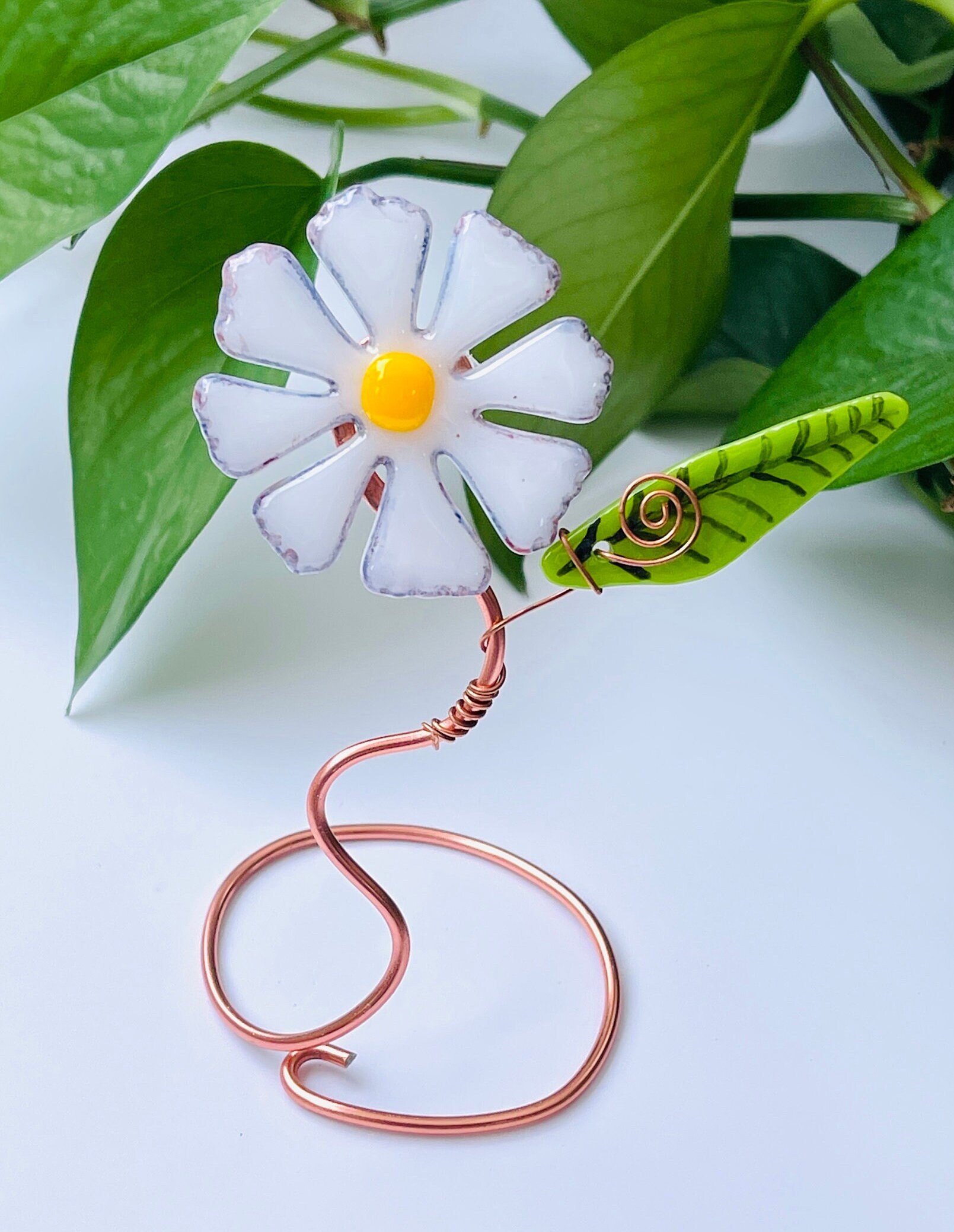 Fused Glass Daisy Flower: Ruffle Edge White Art With Copper Stem, Glass ...