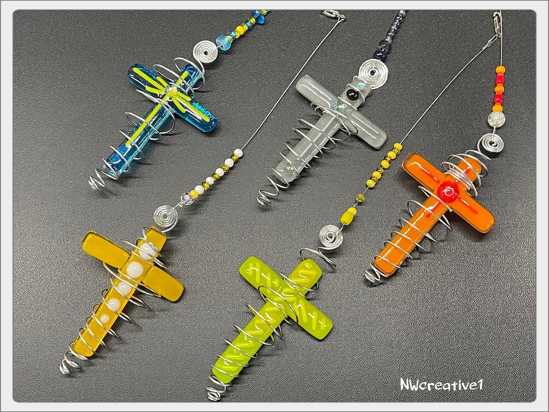 Fused Glass Cross, Hanging Art Glass Cross, Rearview Mirror Cross, Sun ...