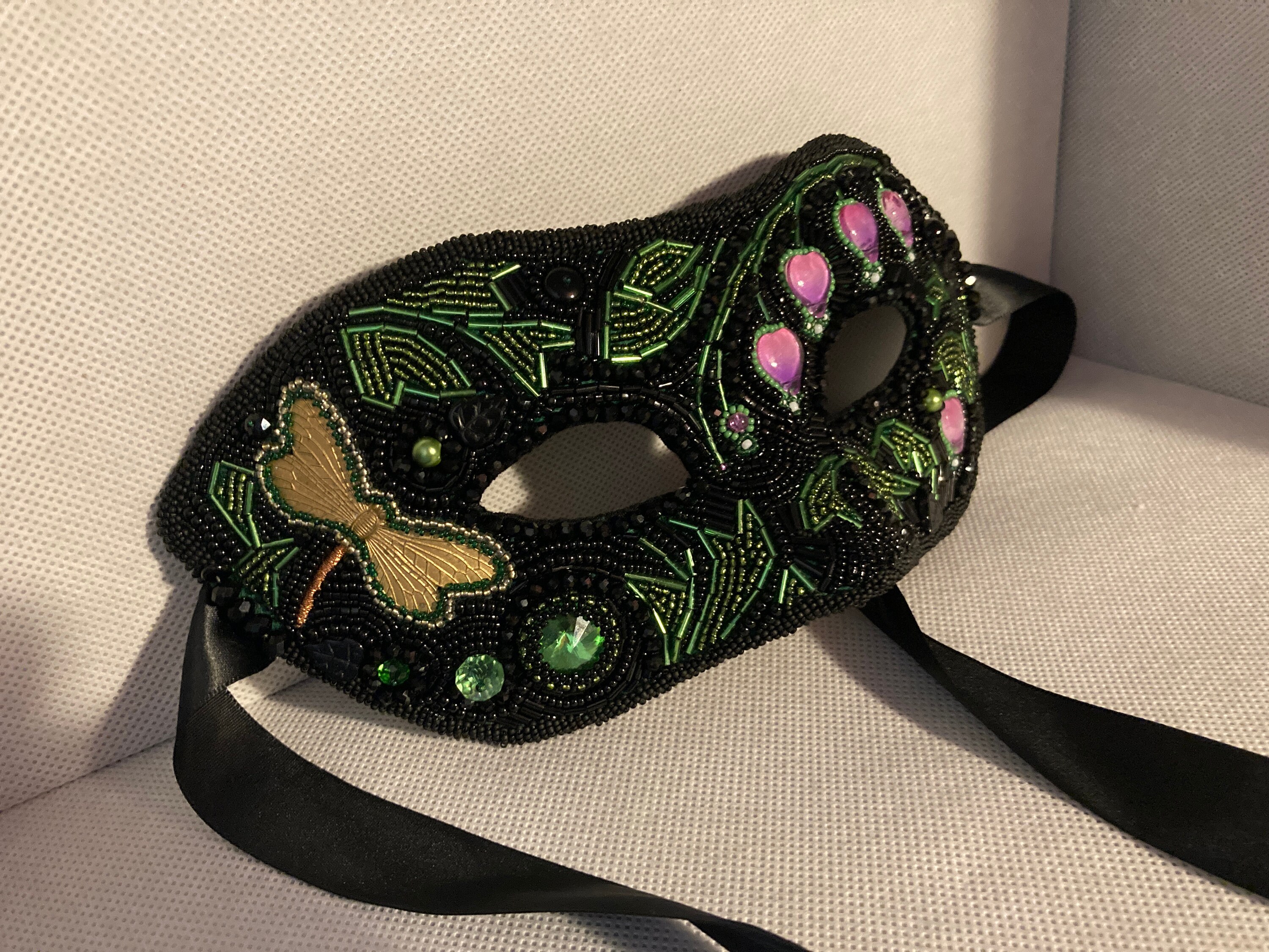 Night Garden Bleeding Hearts & Dragonfly Hand-beaded Mask Wearable Art ...