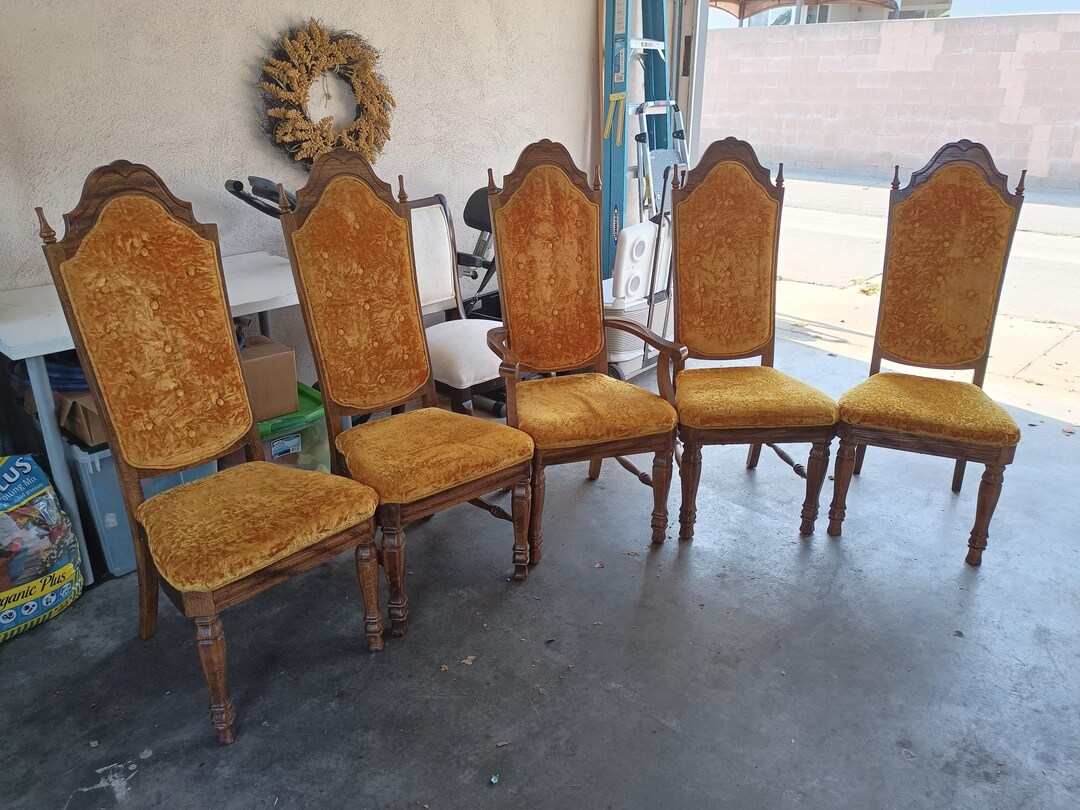 5 Vintage 1970s Groovy Tall American Drew Wood Chairs With Tufted Gold ...