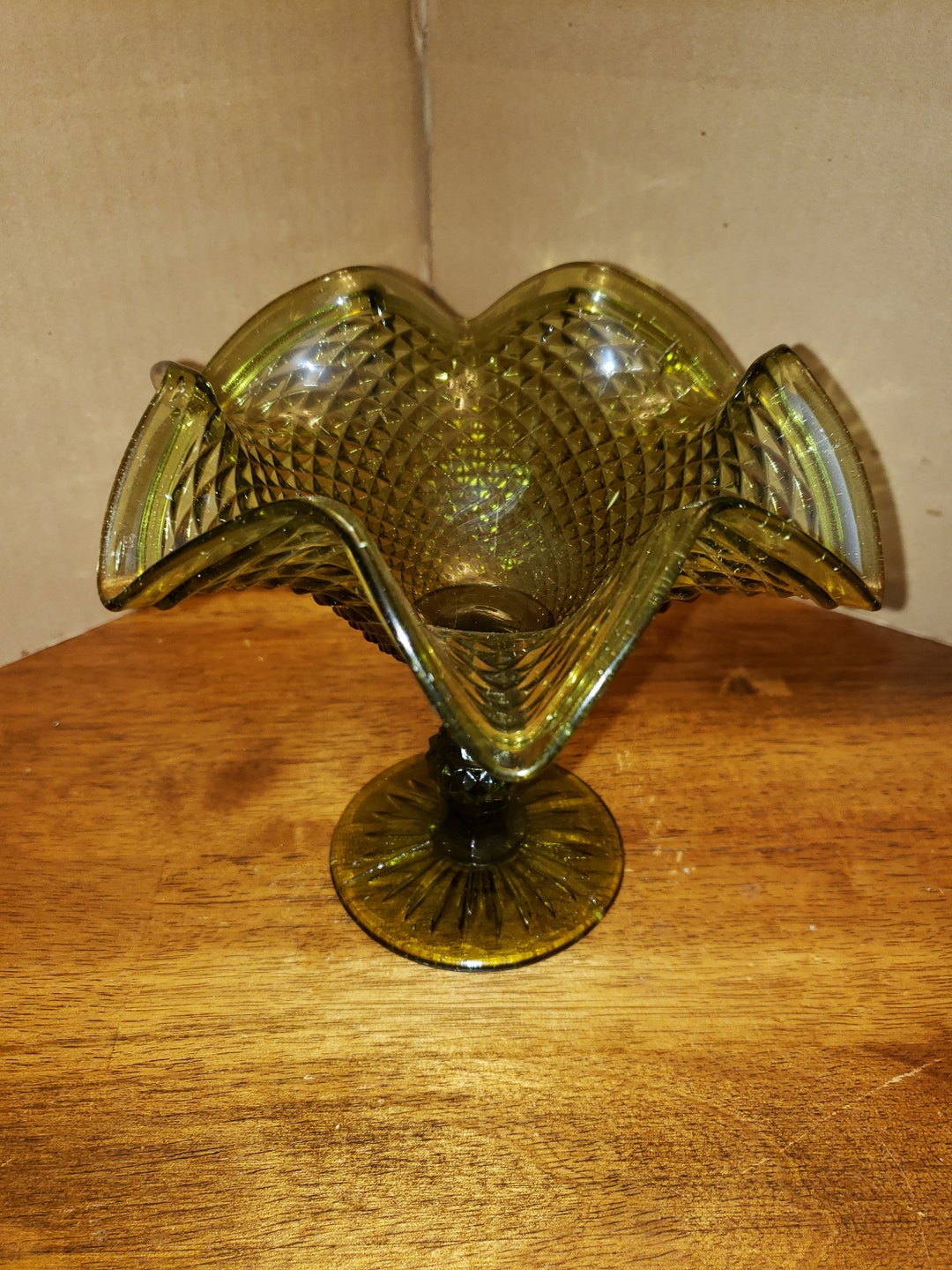 Vintage Green Glass Diamond Point Pedestal Compote Dish - Etsy