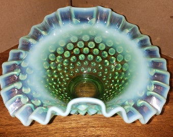 Fenton Uranium Glass Dish, Green Opalescent Hobnail Nappy Dish, Fenton ...