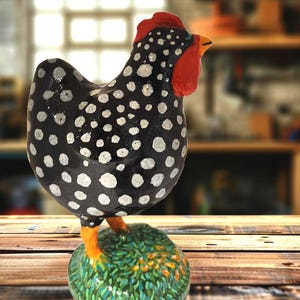 OOAK Whimsical Paper Mache Clay Black and White Chicken -"bertha" - Etsy