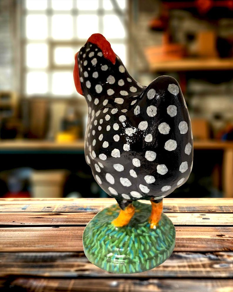 OOAK Whimsical Paper Mache Clay Black and White Chicken -"bertha" - Etsy