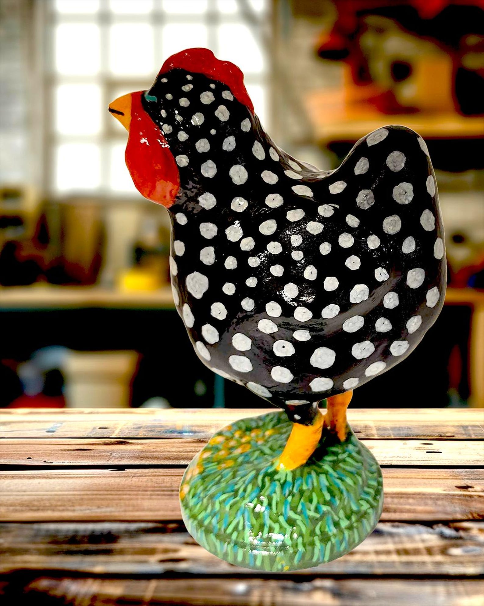 OOAK Whimsical Paper Mache Clay Black and White Chicken -"bertha" - Etsy