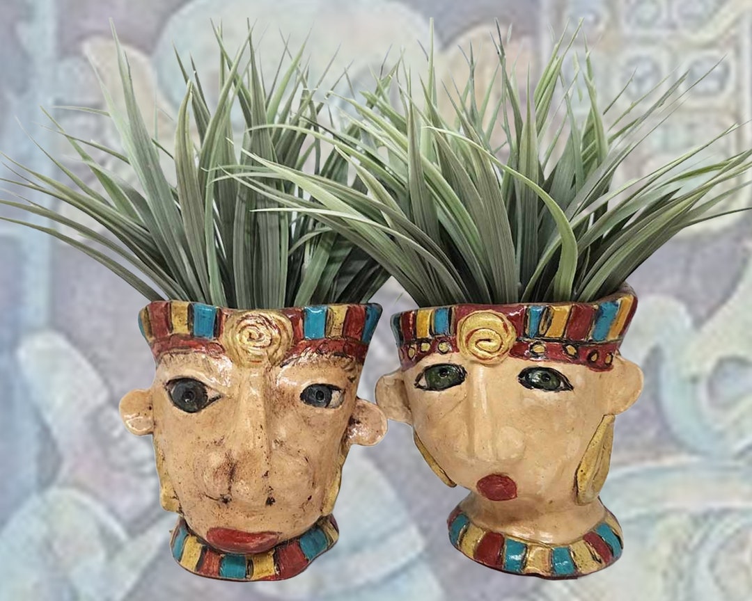 A Pair of Hand Built Clay Planters - the Whimsical Mayan King and Queen ...