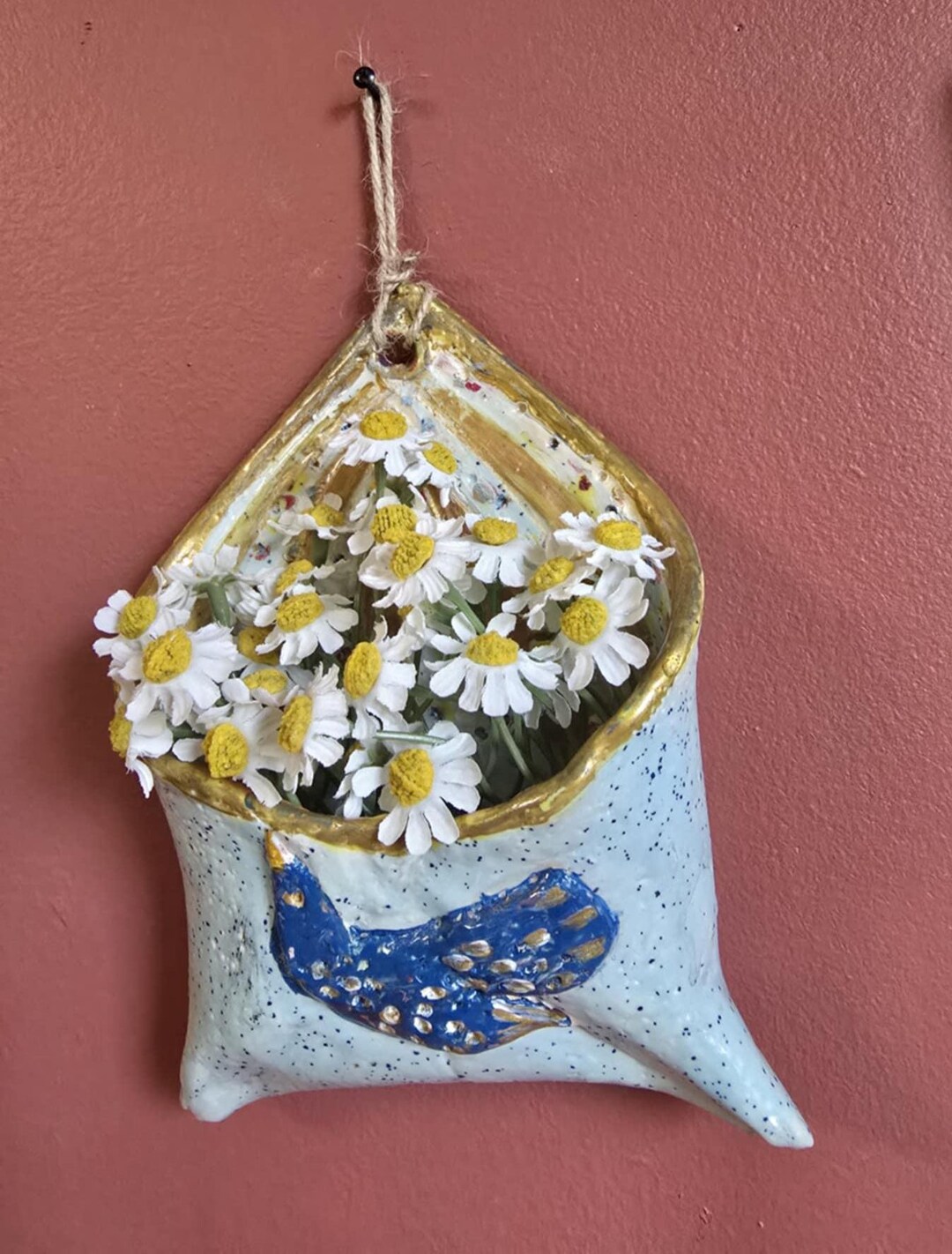 Fun Ceramic Light Blue Envelope Wall Planter With Silk Daisies - Etsy