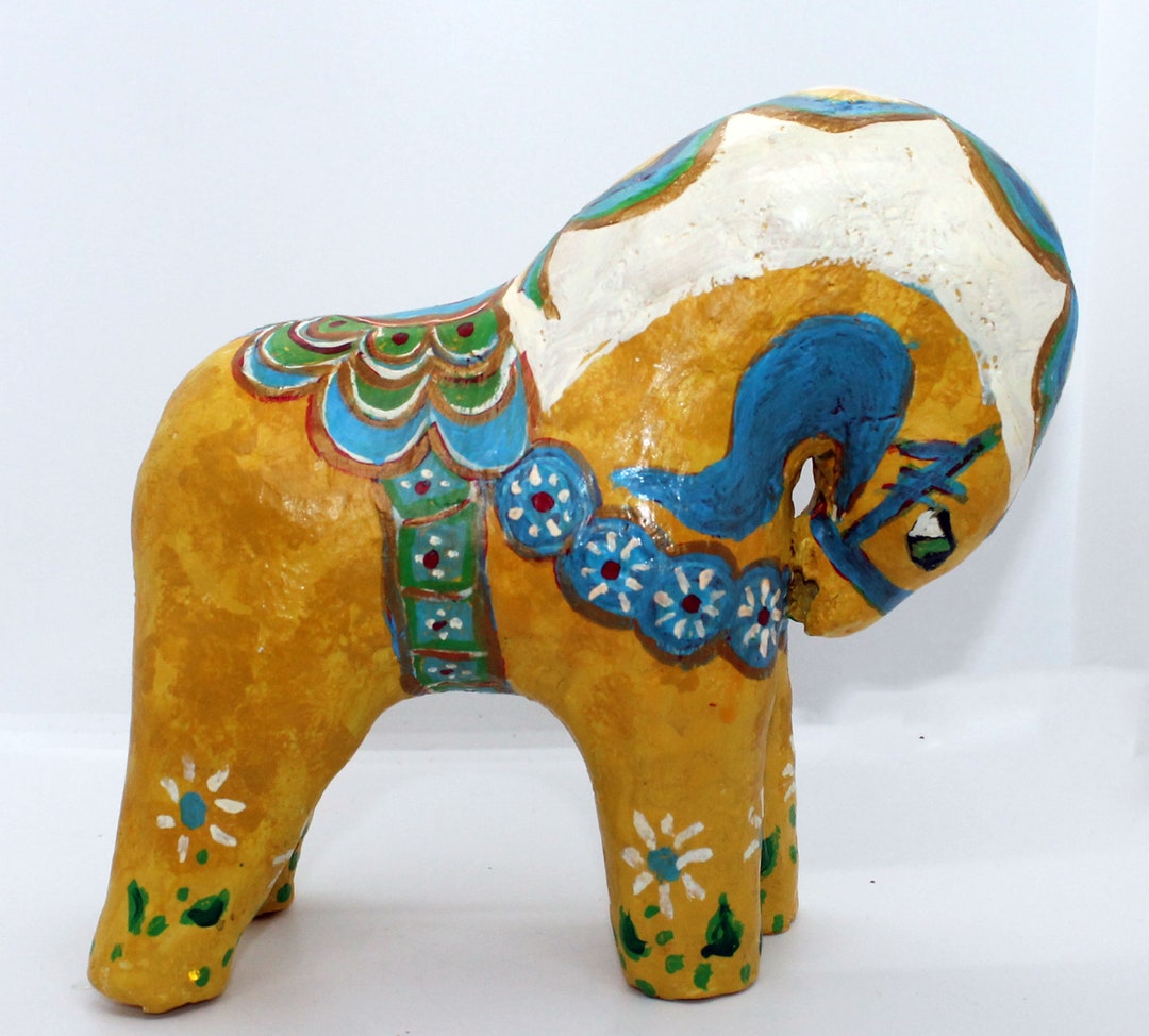 Paper Mache Clay Yellow Swedish Dala Horse Sculpture - Etsy