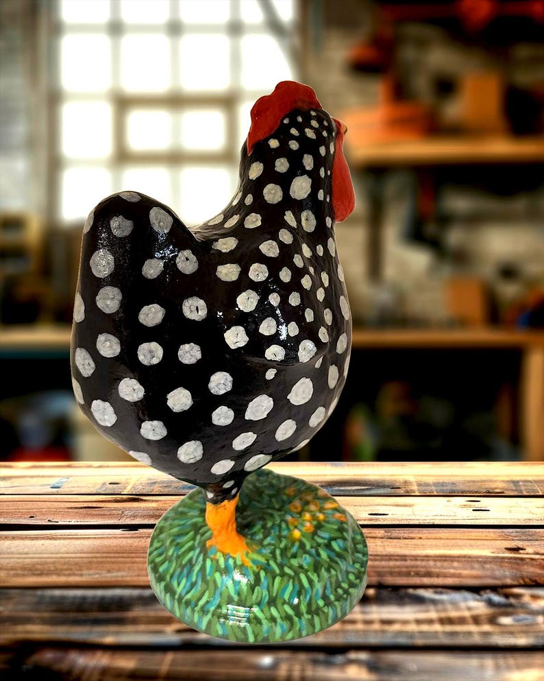 OOAK Whimsical Paper Mache Clay Black and White Chicken -"bertha" - Etsy