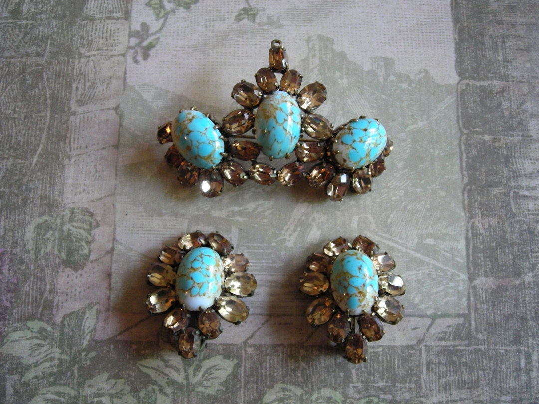 Vintage 1950s-60s Rhinestone Speckled Clip Earrings Brooch Set Marked ...
