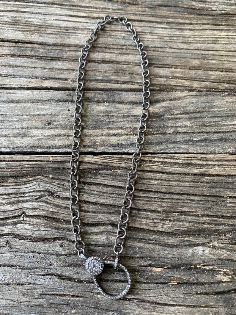 Sterling Silver Thick Grooved Chain With Pave Diamond Large | Etsy