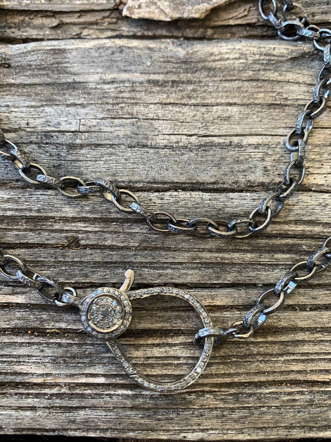 Etched Sterling Silver Chain with Large Pave Diamond Clasp | Etsy