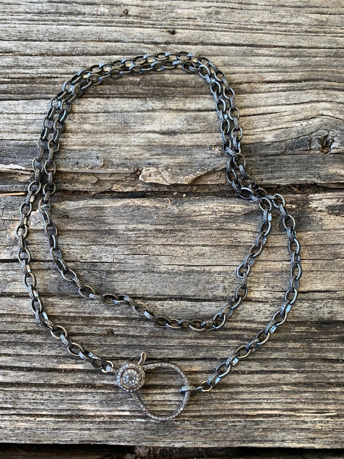 Etched Sterling Silver Chain with Large Pave Diamond Clasp | Etsy