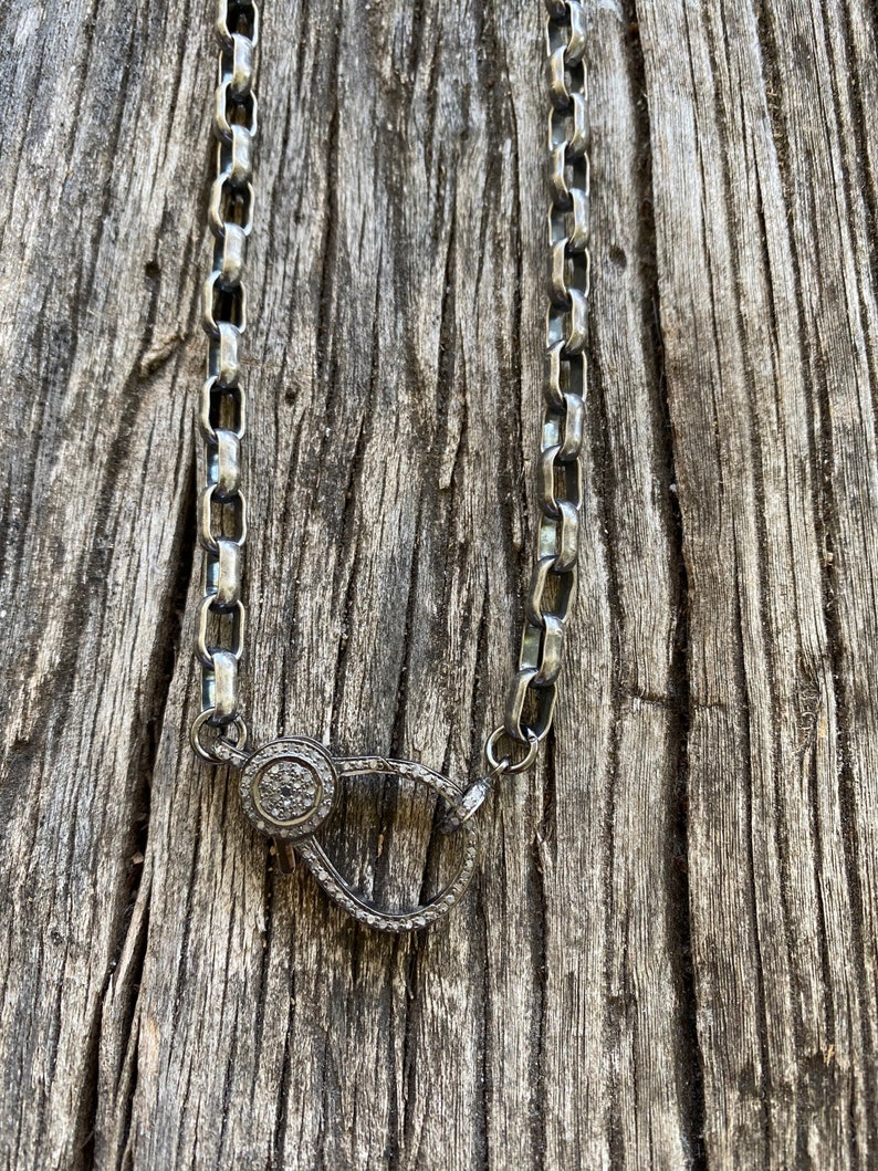 Sterling Silver Oval Rolo Chain Necklace With Pave Diamond | Etsy