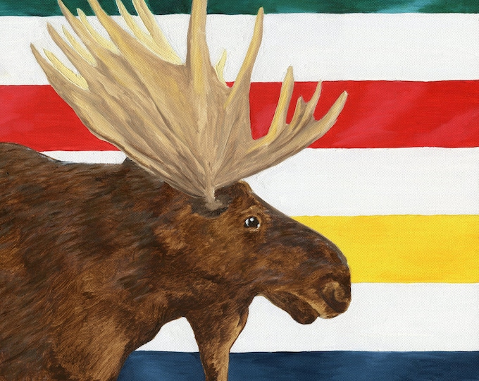 In Stitches (7"x9" Print). Moose Side Profile Against a Background of ...