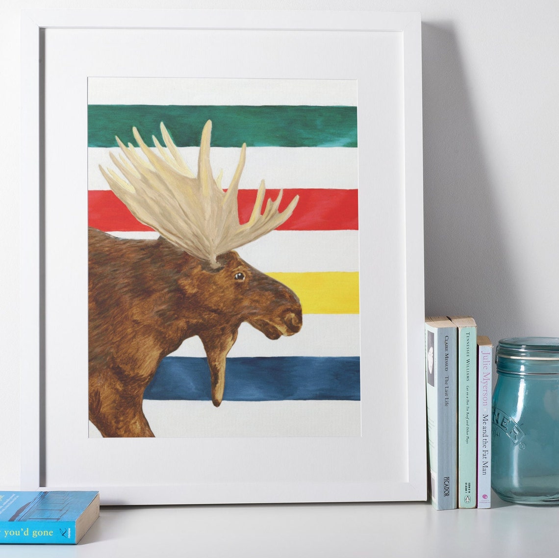 In Stitches (7"x9" Print). Moose Side Profile Against a Background of ...