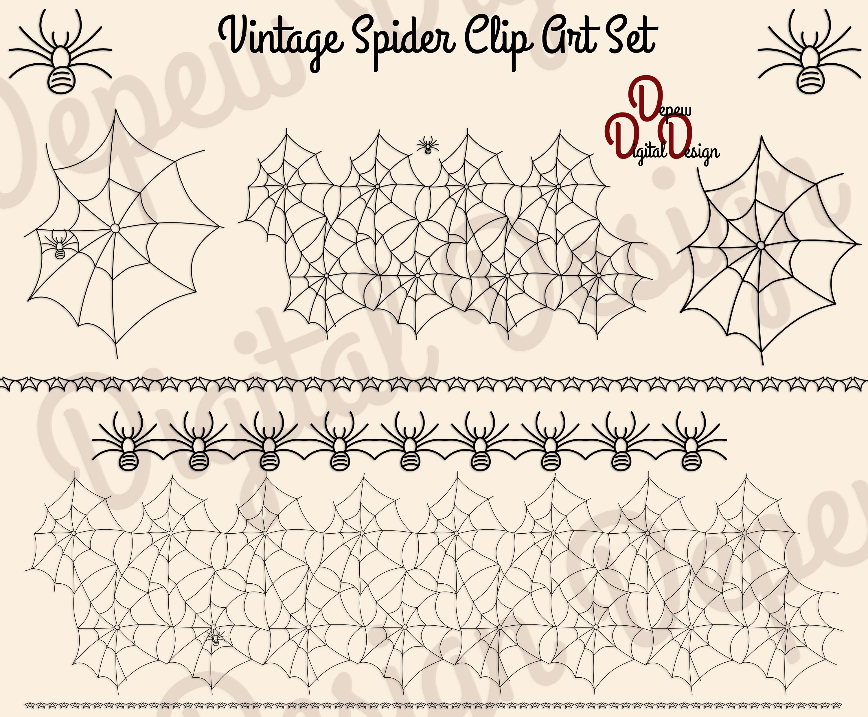 Digital Vintage Spiders and Web Borders Clip Art Collection | Etsy