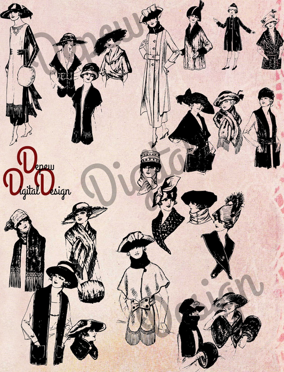 Digital Vintage 1910s Fashionable Models Clip Art WWI 1918 Print at ...